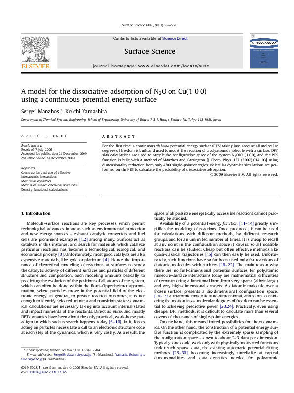 (PDF) A model for the dissociative adsorption of N2O on Cu(100) using a continuous potential ...