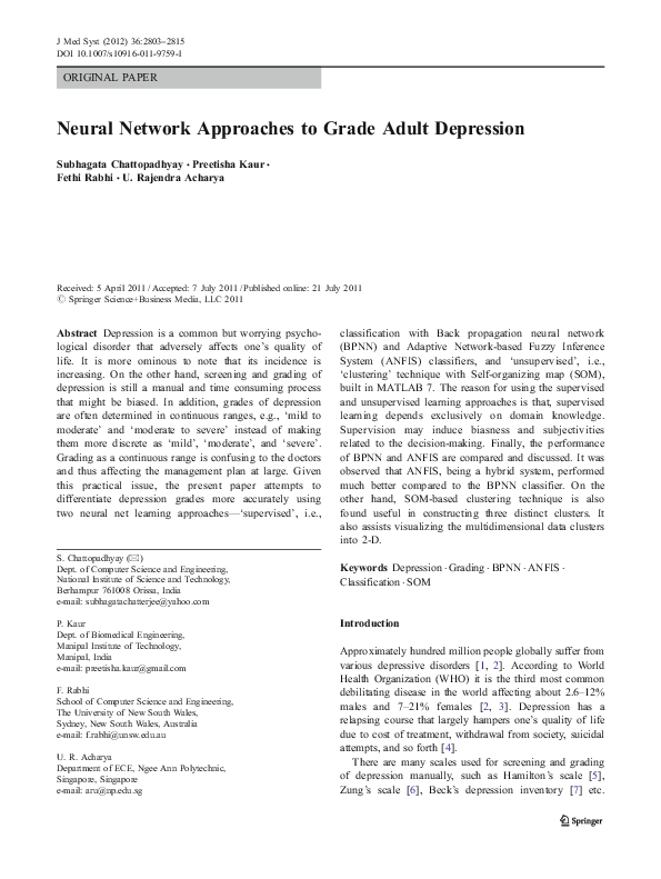 (PDF) Neural Network Methods for Classifying Depression