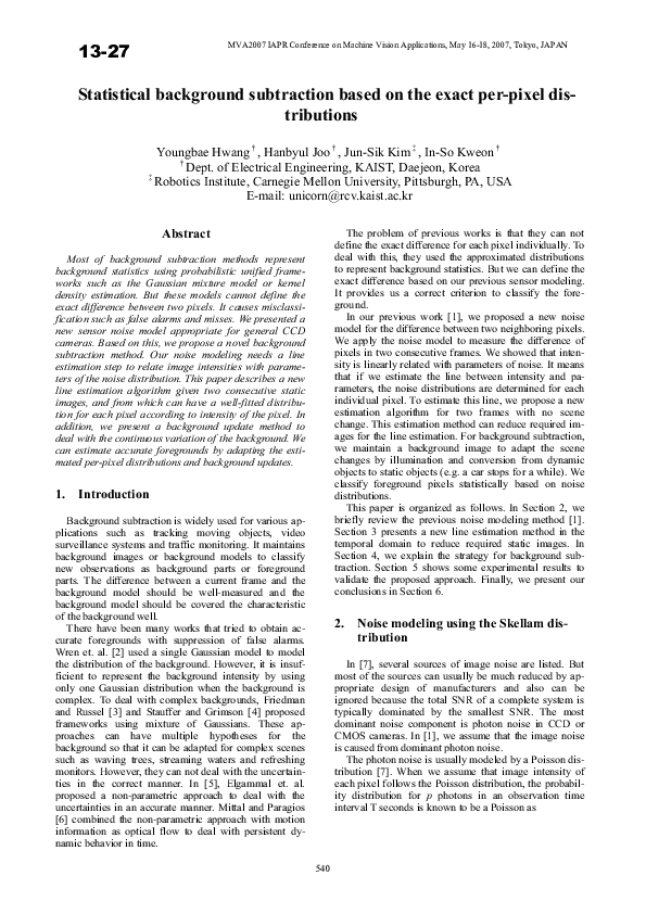 Pdf Statistical Background Subtraction Based On The Exact Per Pixel