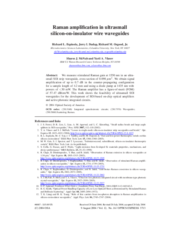 (PDF) Raman amplification in ultrasmall silicon-on-insulator wire ...