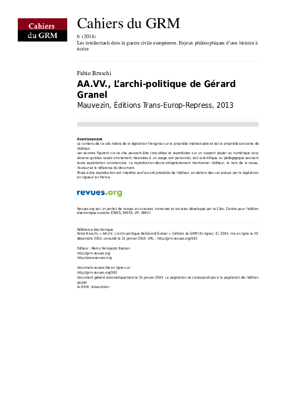 (PDF) Note de lecture de "AA.VV., L'archi-politique de Gérard Granel"