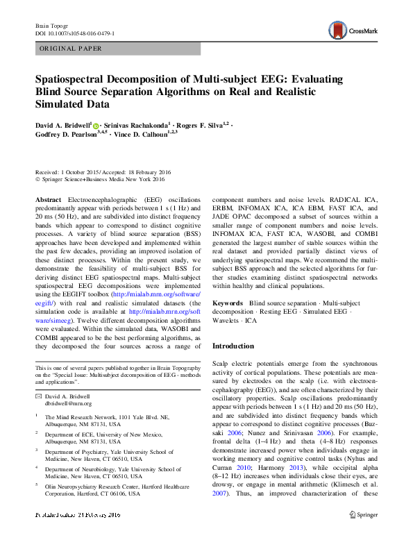 Pdf Spatiospectral Decomposition Of Multi Subject Eeg Evaluating Blind Source Separation
