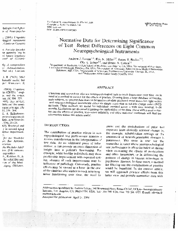 (PDF) Normative Data for Determining Significance of Test–Retest ...