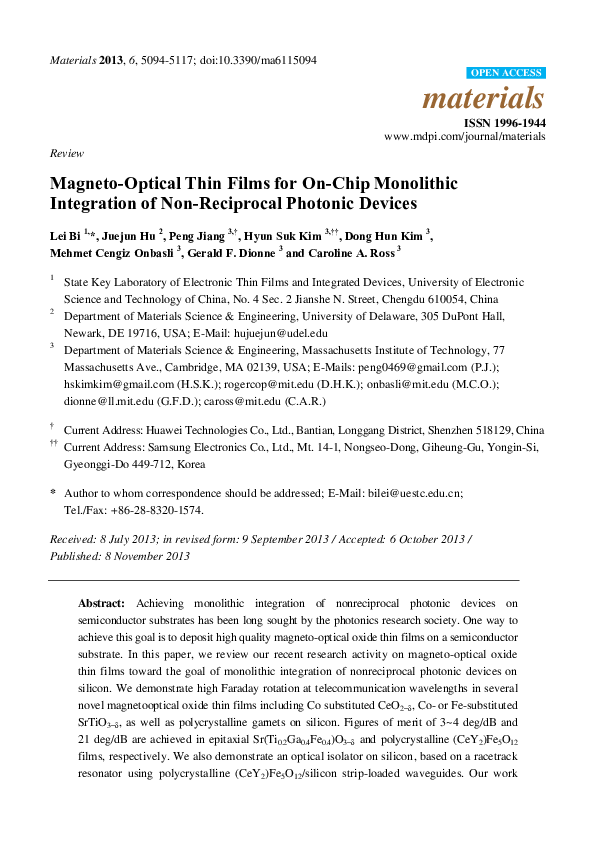 (PDF) Magneto-Optical Thin Films for On-Chip Monolithic Integration of Non-Reciprocal Photonic ...