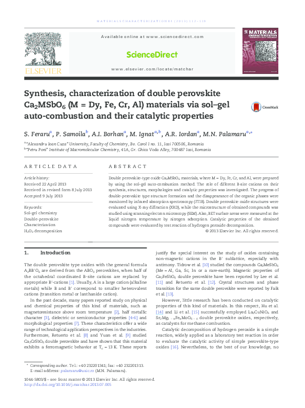 (PDF) Synthesis, characterization of double perovskite Ca2MSbO6 (M=Dy, Fe, Cr, Al) materials via ...