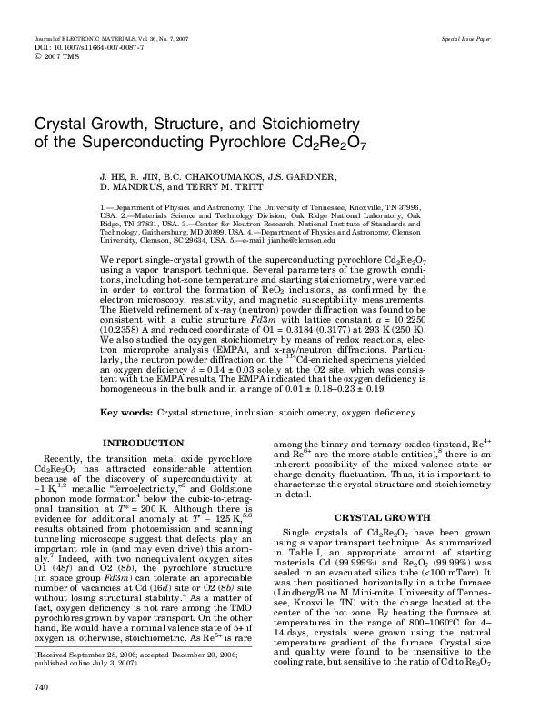 (PDF) Crystal Growth, Structure, and Stoichiometry of the Superconducting Pyrochlore Cd2Re2O7