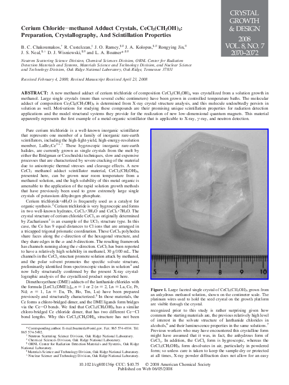 (PDF) Cerium Chloride−methanol Adduct Crystals, CeCl 3 (CH 3 OH) 4 ...
