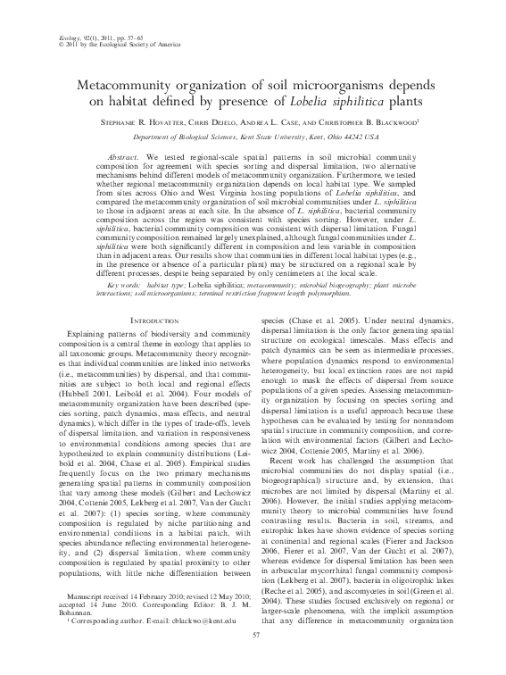 (PDF) Metacommunity organization of soil microorganisms depends on habitat defined by presence ...