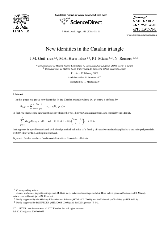 (PDF) New identities in the Catalan triangle