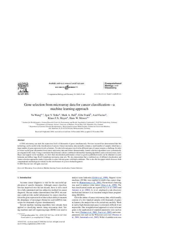 Pdf Gene Selection From Microarray Data For Cancer Classification—a Machine Learning Approach