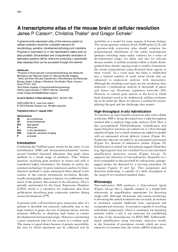 (PDF) A transcriptome atlas of the mouse brain at cellular resolution