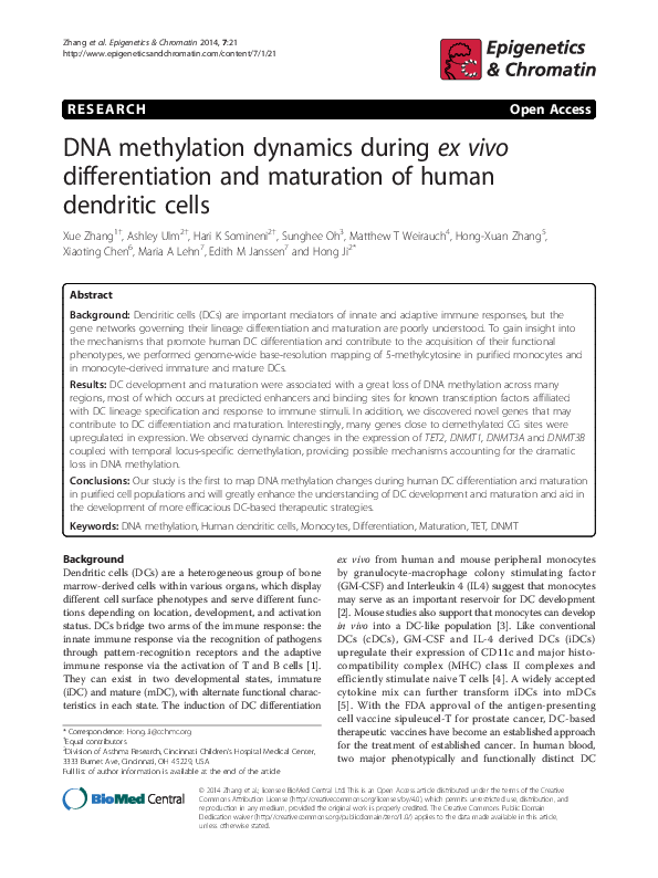 (PDF) DNA methylation dynamics during ex vivo differentiation and maturation of human dendritic ...