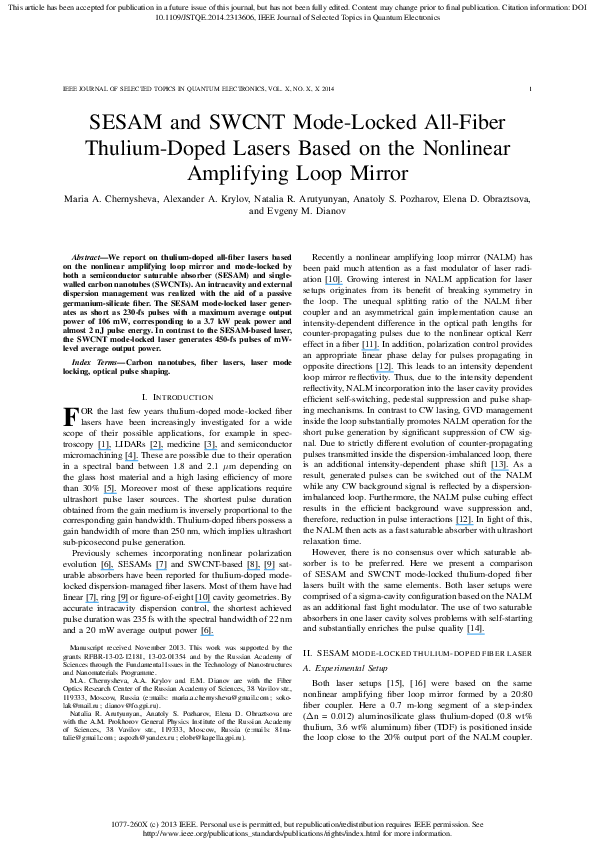 (PDF) SESAM and SWCNT Mode-Locked All-Fiber Thulium-Doped Lasers Based ...