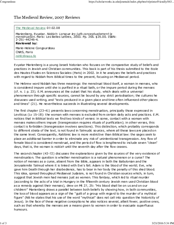 (PDF) Marie-Helene Congourdeau: Review of Marienberg, "Niddah. Lorsque les juifs conceptualisent ...