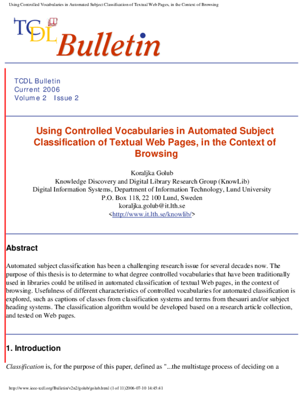 Pdf Using Controlled Vocabularies In Automated Subject Classification Of Textual Web Pages In
