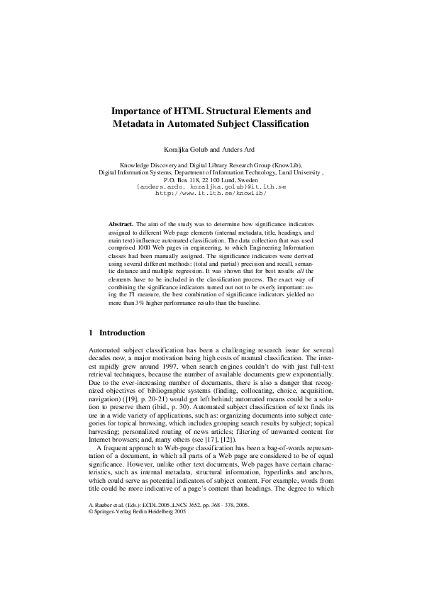 Pdf Importance Of Html Structural Elements And Metadata In Automated Subject Classification
