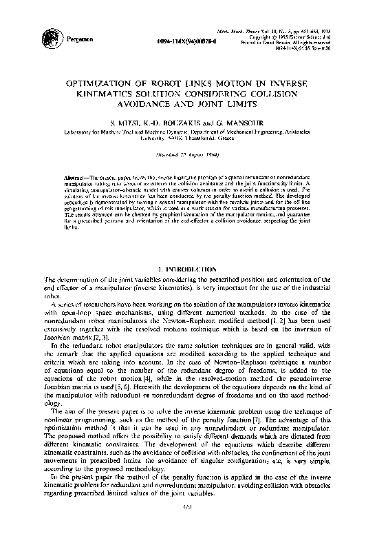 Pdf Optimization Of Robot Links Motion In Inverse Kinematics Solution