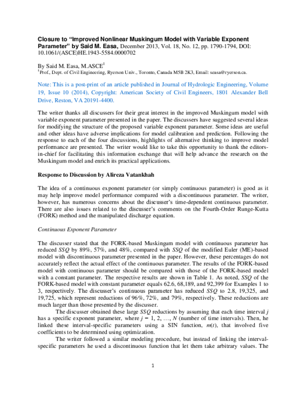 (PDF) Improved Nonlinear Muskingum Model with Variable Exponent Parameter