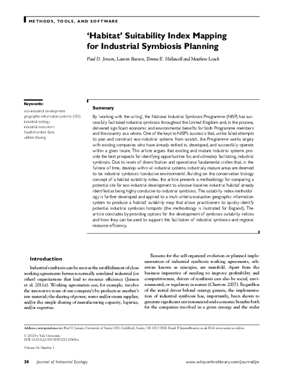 (PDF) ‘Habitat’ Suitability Index Mapping for Industrial Symbiosis Planning