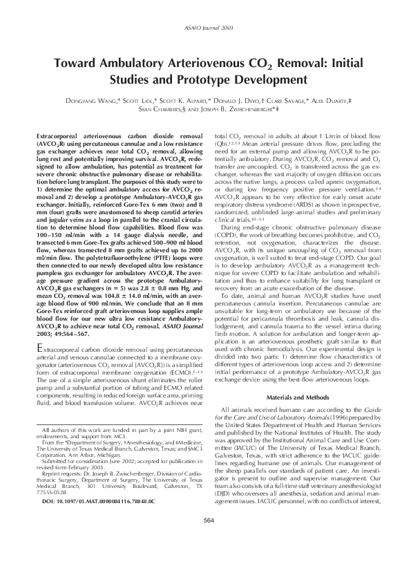 (PDF) Toward Ambulatory Arteriovenous CO2 Removal: Initial Studies and ...