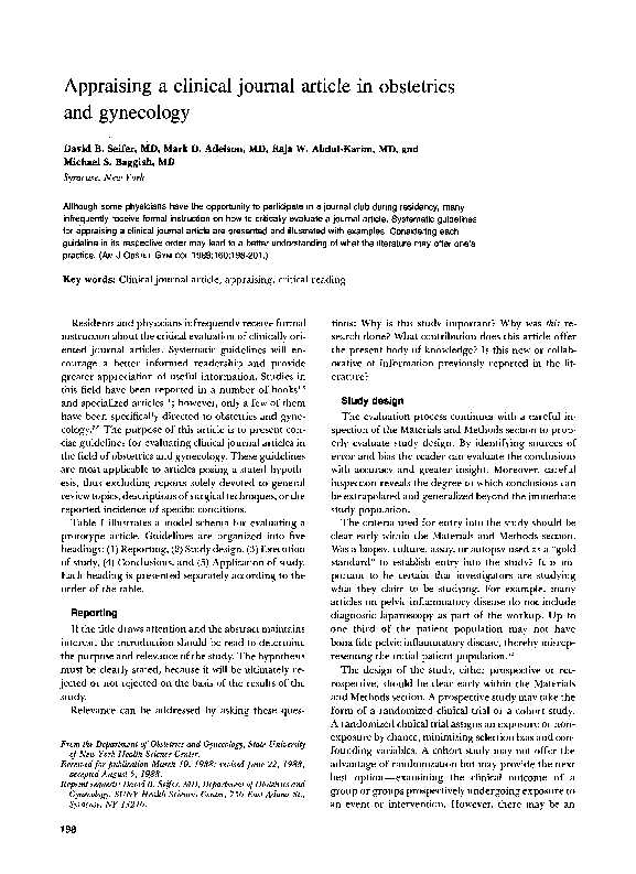 (PDF) Appraising a clinical journal article in obstetrics and gynecology