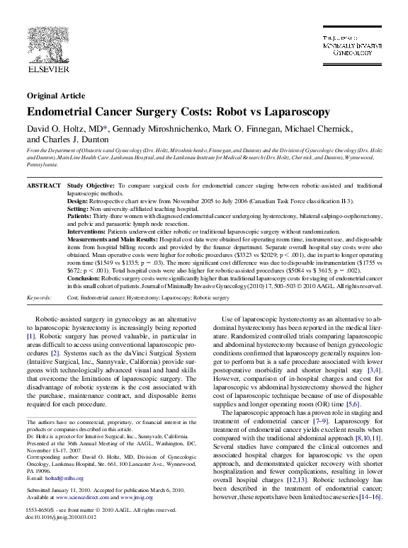 (PDF) Endometrial Cancer Surgery Costs: Robot vs Laparoscopy | Gennady Miroshnichenko - Academia.edu