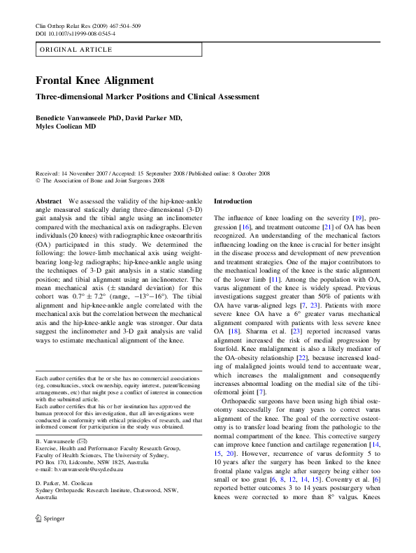 (PDF) Frontal Knee Alignment: Three-dimensional Marker Positions and Clinical Assessment