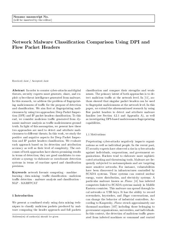 (PDF) Network malware classification comparison using DPI and flow packet headers