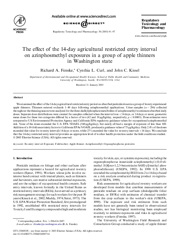 (PDF) The effect of the 14-day agricultural restricted entry interval ...