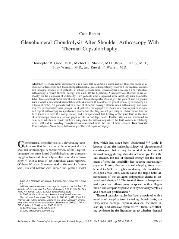 (PDF) Glenohumeral Chondrolysis After Shoulder Arthroscopy With Thermal ...