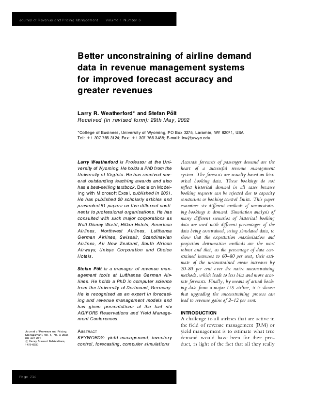 (PDF) Better unconstraining of airline demand data in revenue ...