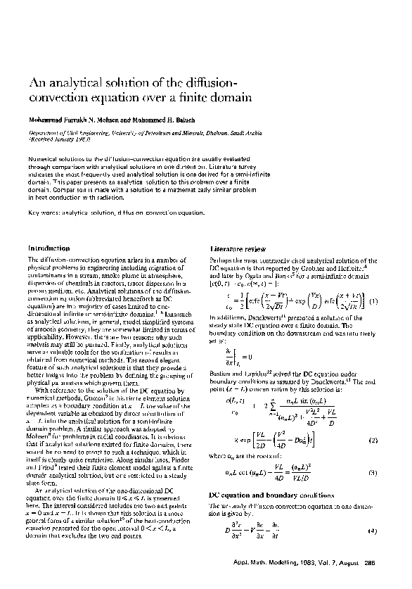 Pdf An Analytical Solution Of The Diffusion Convection Equation Over A Finite Domain