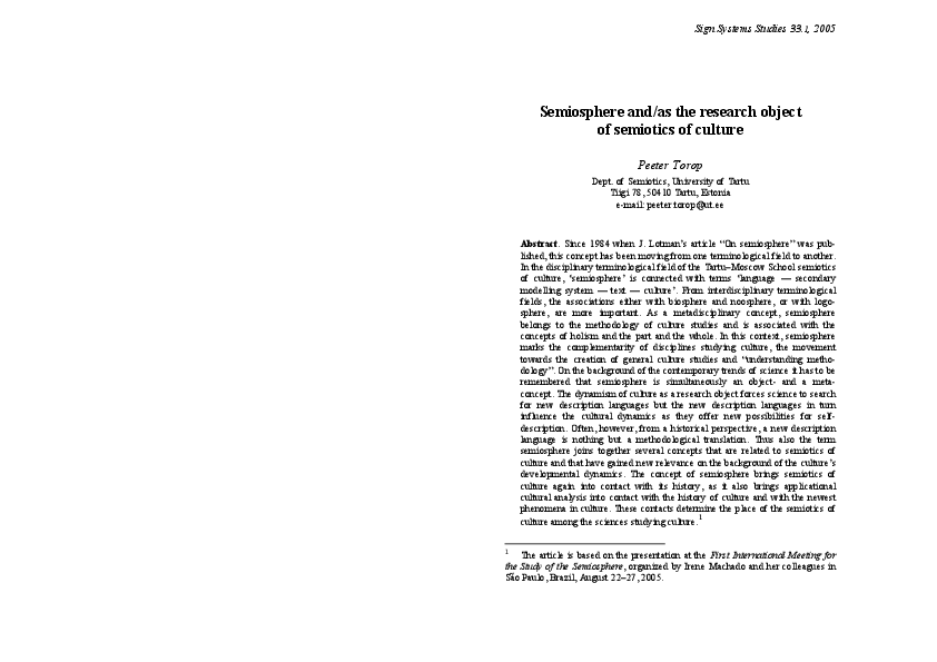 (PDF) Semiosphere and/as the research object of semiotics of culture