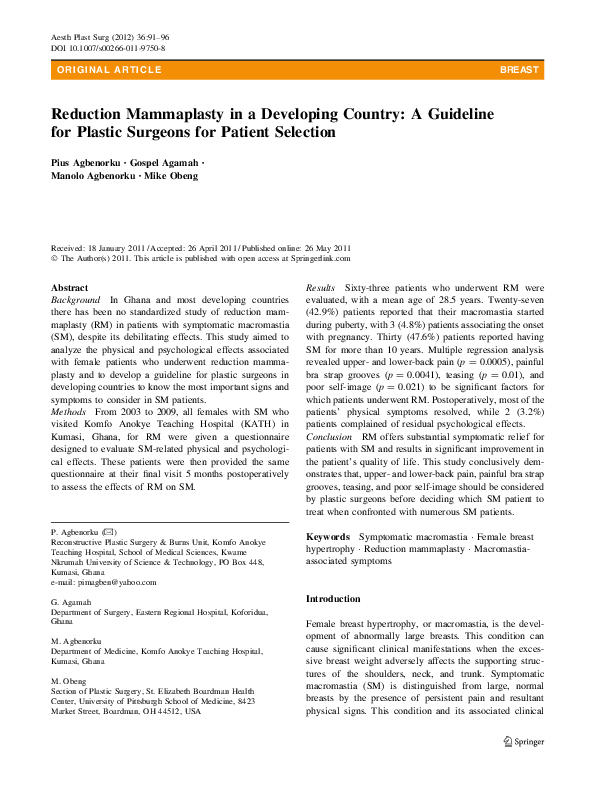 (PDF) Reduction Mammaplasty in a Developing Country: A Guideline for ...
