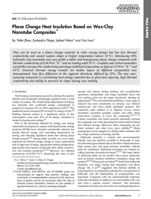 (PDF) Phase Change Heat Insulation Based on Wax-Clay Nanotube ...