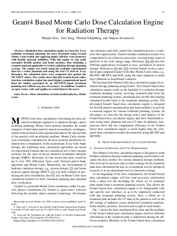 Pdf Geant4 Based Monte Carlo Dose Calculation Engine For Radiation Therapy