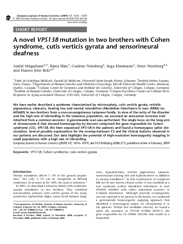 (PDF) A novel VPS13B mutation in two brothers with Cohen syndrome ...