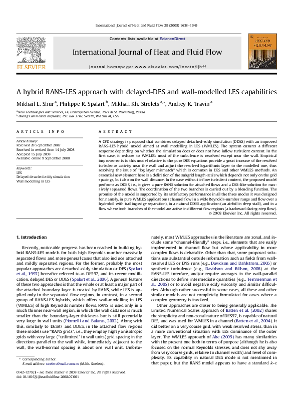 (PDF) A hybrid RANS-LES approach with delayed-DES and wall-modelled LES ...