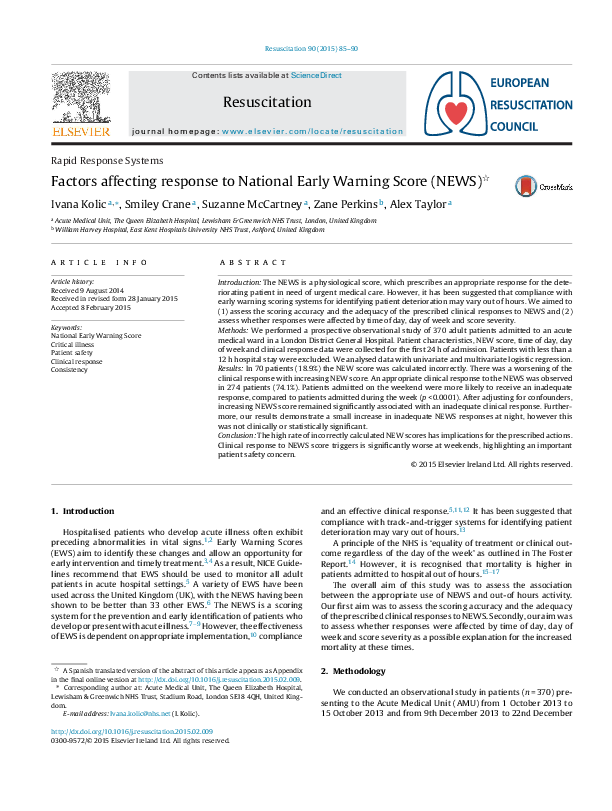 (PDF) Factors affecting response to National Early Warning Score (NEWS ...