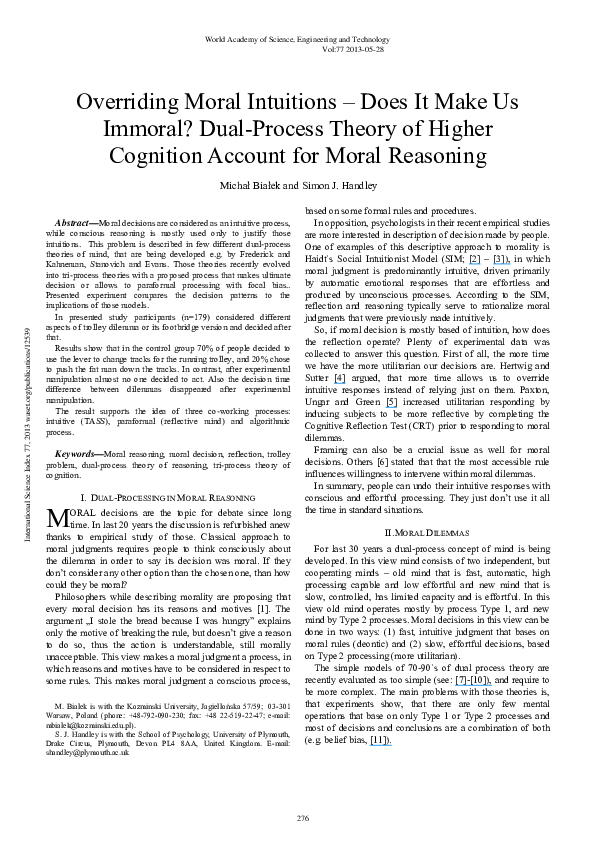 (PDF) Overriding Moral Intuitions–Does It Make Us Immoral? Dual-Process ...