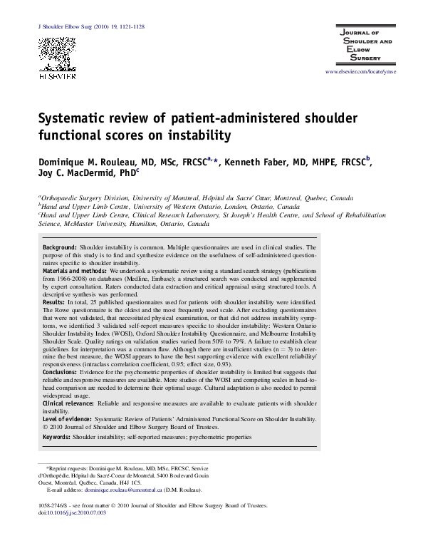 (PDF) Review of Self-Reported Shoulder Instability Scores