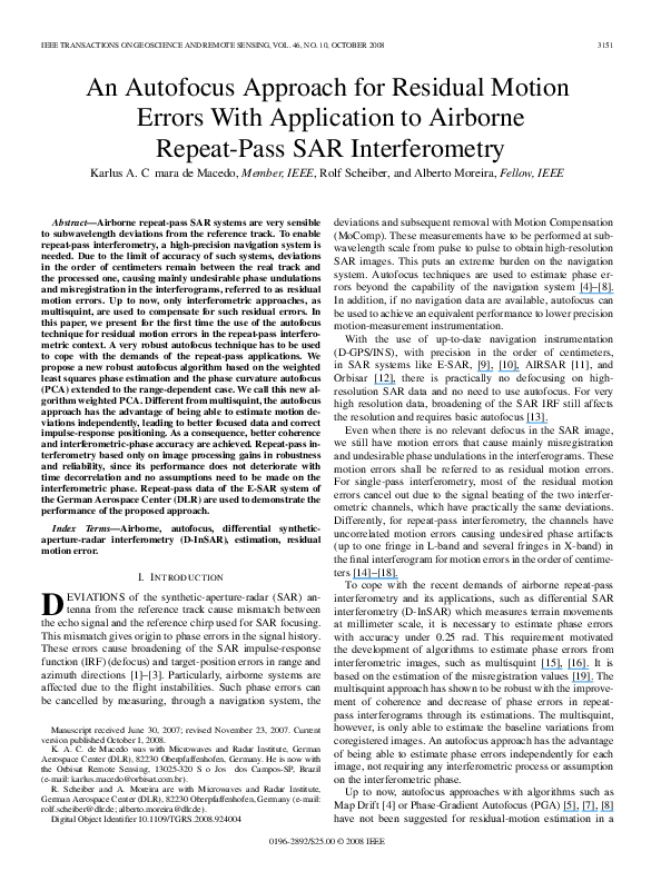 Pdf An Autofocus Approach For Residual Motion Errors With Application