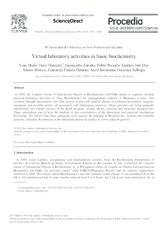 (PDF) Virtual Laboratory Activities in Basic Biochemistry