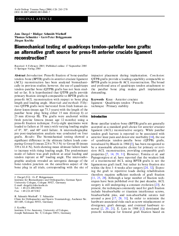 (PDF) Biomechanical testing of quadriceps tendon–patellar bone grafts ...