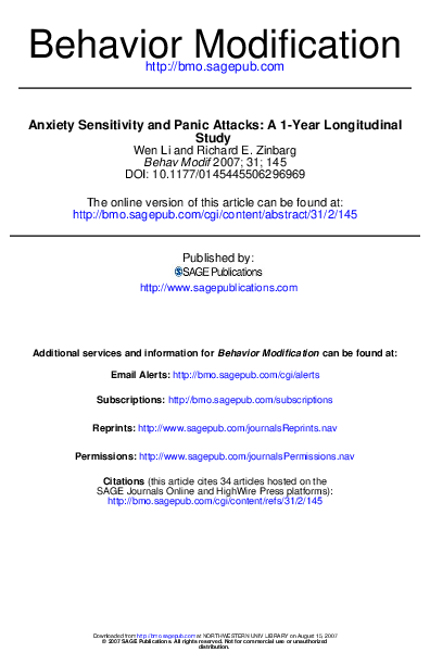 (PDF) Anxiety Sensitivity and Panic Attacks: A 1-Year Longitudinal Study