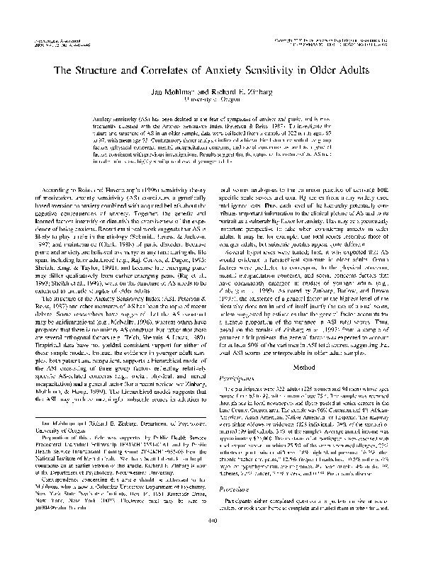 (PDF) The structure and correlates of anxiety sensitivity in older adults