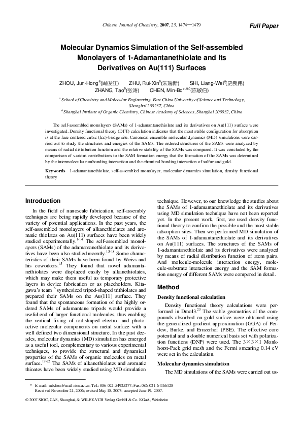(PDF) Molecular Dynamics Simulation of the Self-assembled Monolayers of 1-Adamantanethiolate and ...