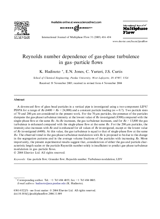 (PDF) Reynolds number dependence of gas-phase turbulence in gas-particle flows