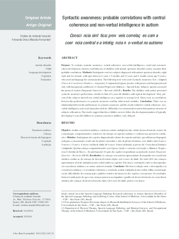 (PDF) [Syntactic awareness: probable correlations with central ...