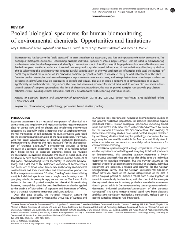 (PDF) Pooled biological specimens for human biomonitoring of ...